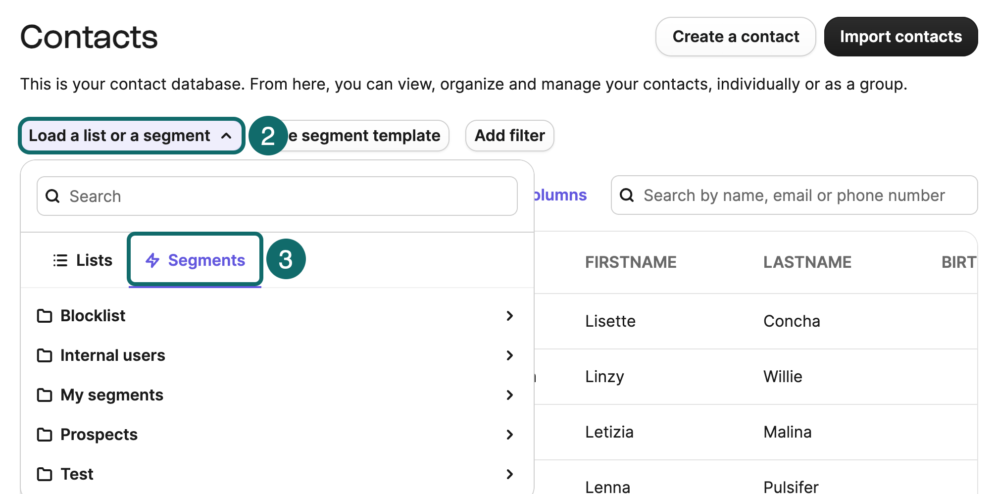 Use segments (contact management, email campaigns, automations) – Home