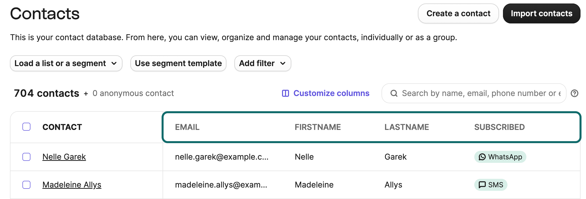 Customize and reorder the attribute columns on the Contacts page – Home